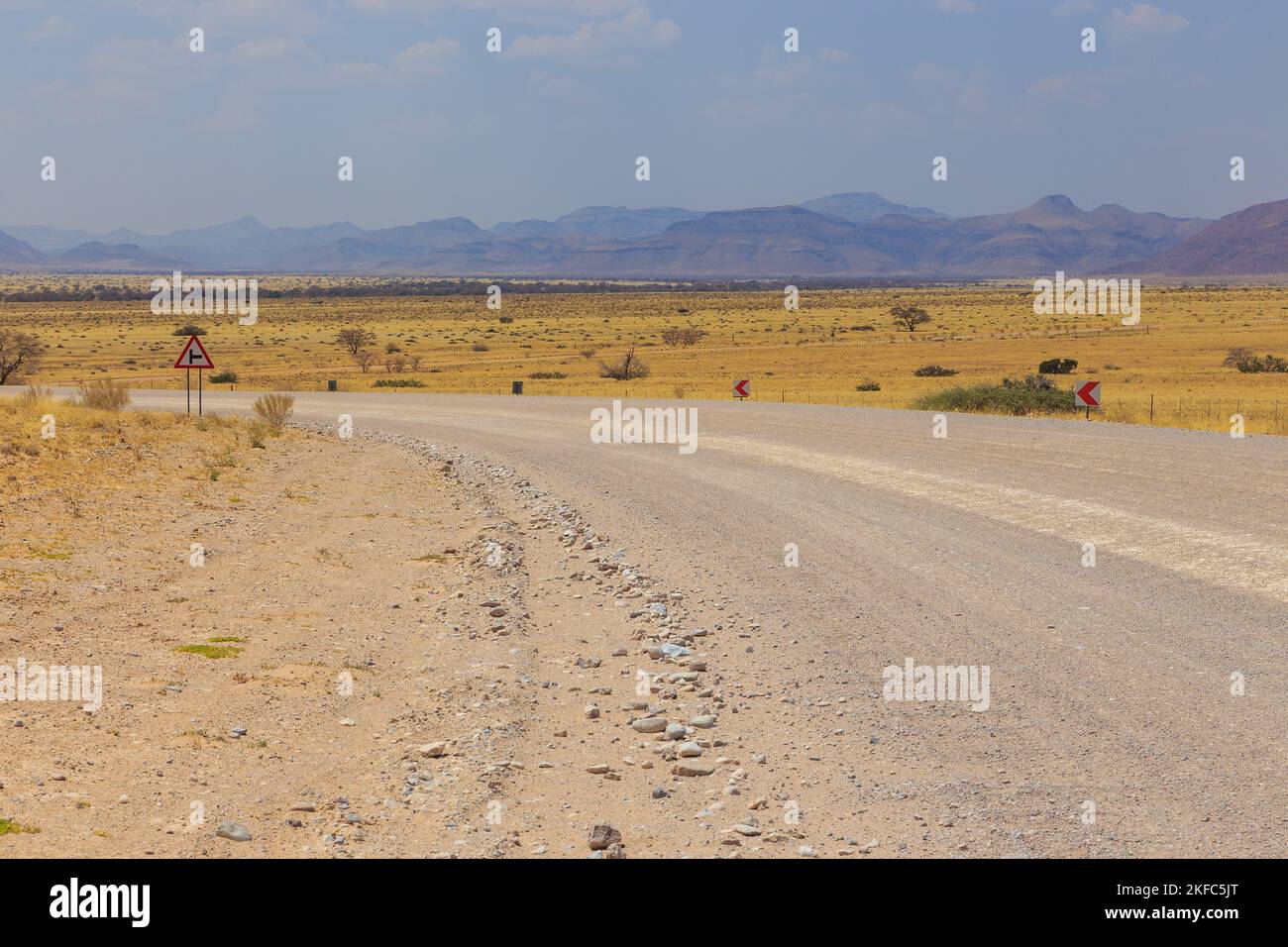 Namibian landscape along the gravel road. Yellow ground and African ...
