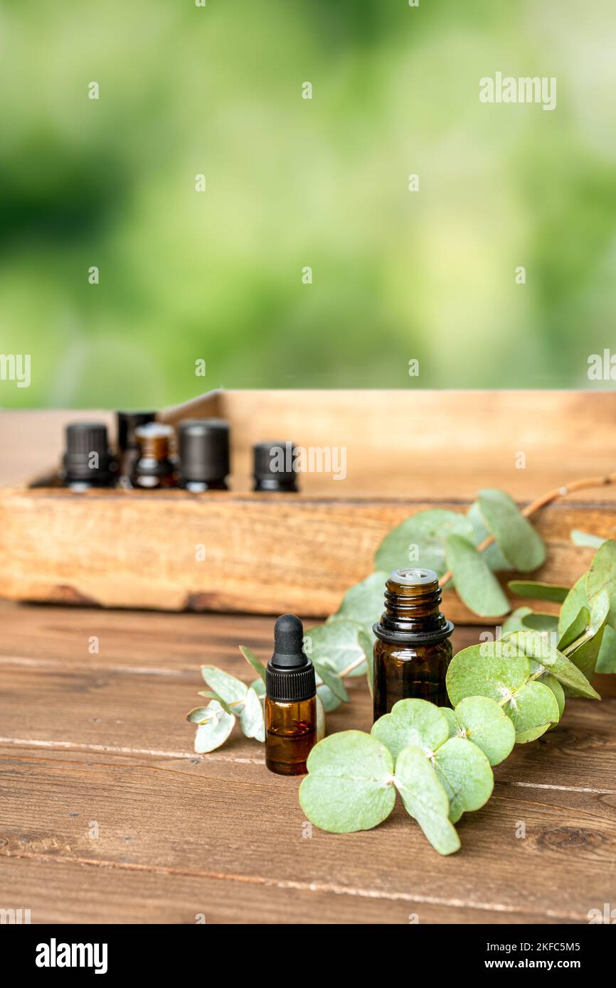 Essential oils in small glass bottles with eucalyptus sprigs on blurred ...