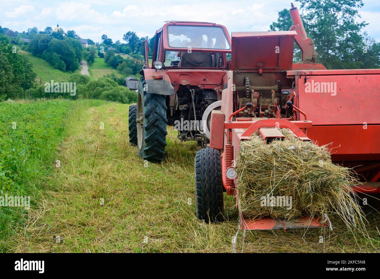 The process of harvesting hay for cattle, a tractor making bales in the ...