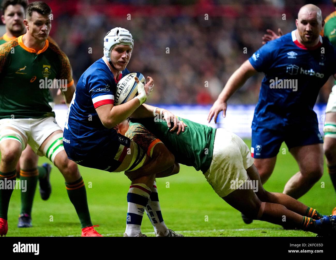 Bristol Bears' Fitz Harding (left) is tackled by South Africa XV's ...