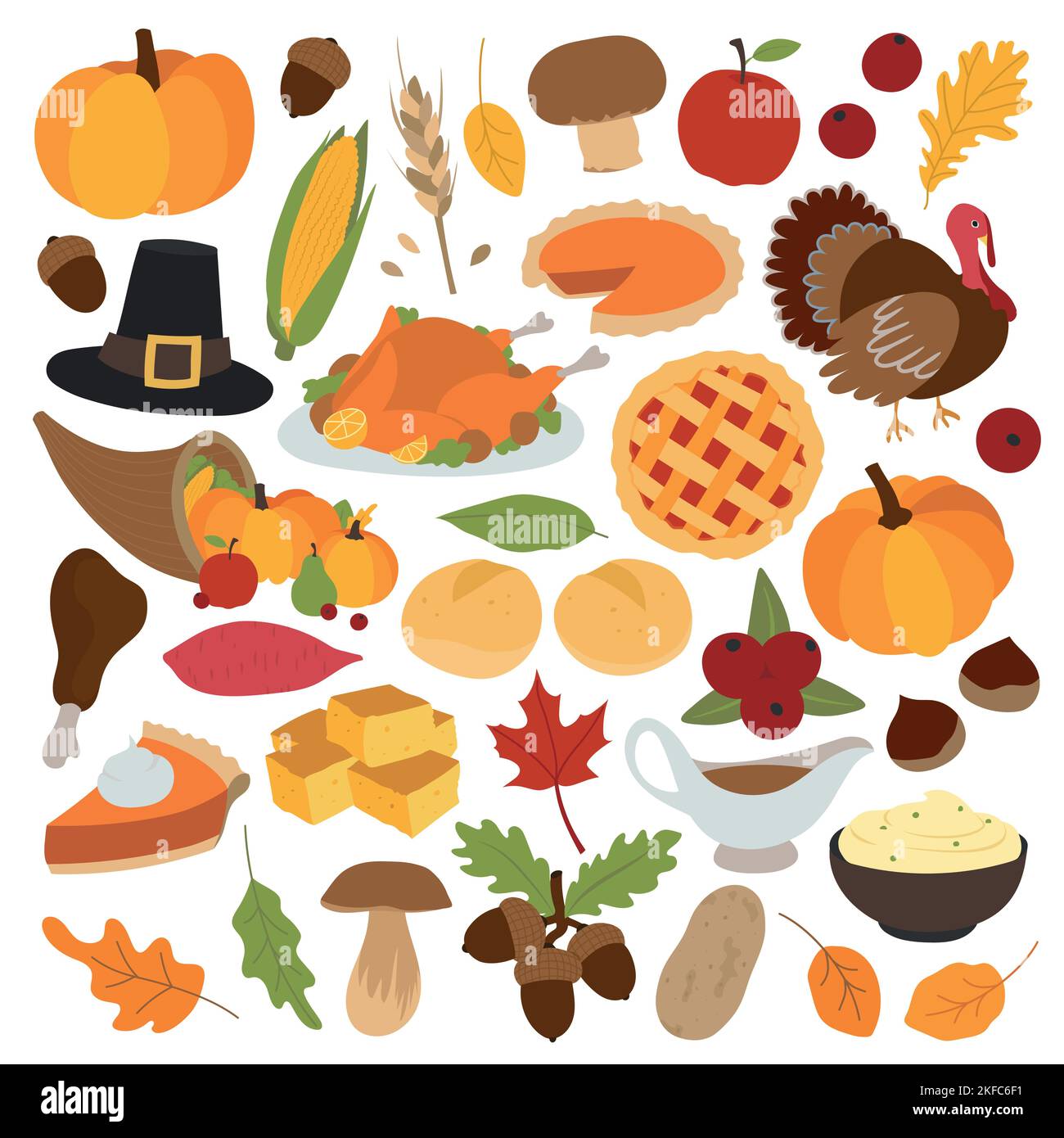 Thanksgiving holiday celebration related things and objects. Collection of hand drawn, vector ...