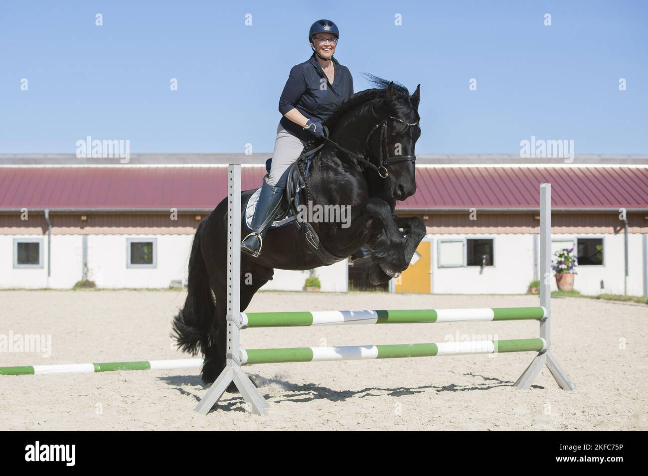 woman rides Friesian horse Stock Photo - Alamy