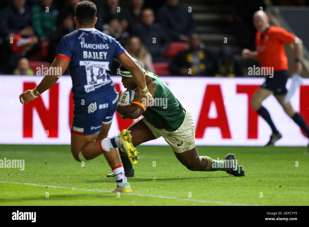 Ntuthuko Mchunu of South Africa A scores a try during the Friendly ...
