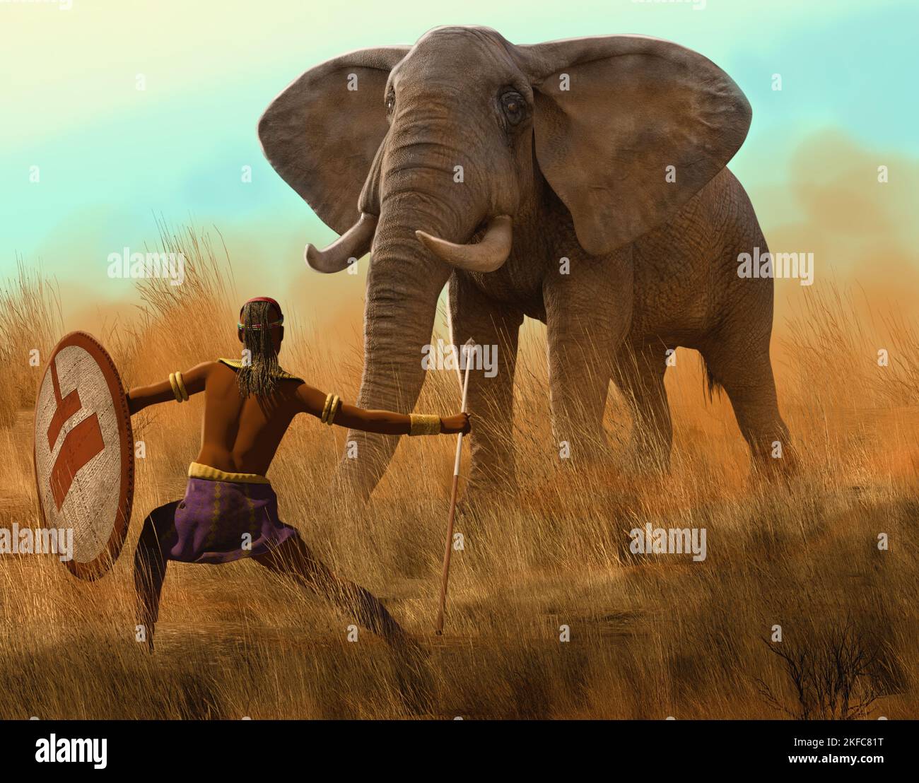 Young African tribal warrior holding a animal skin shield and a spear ...