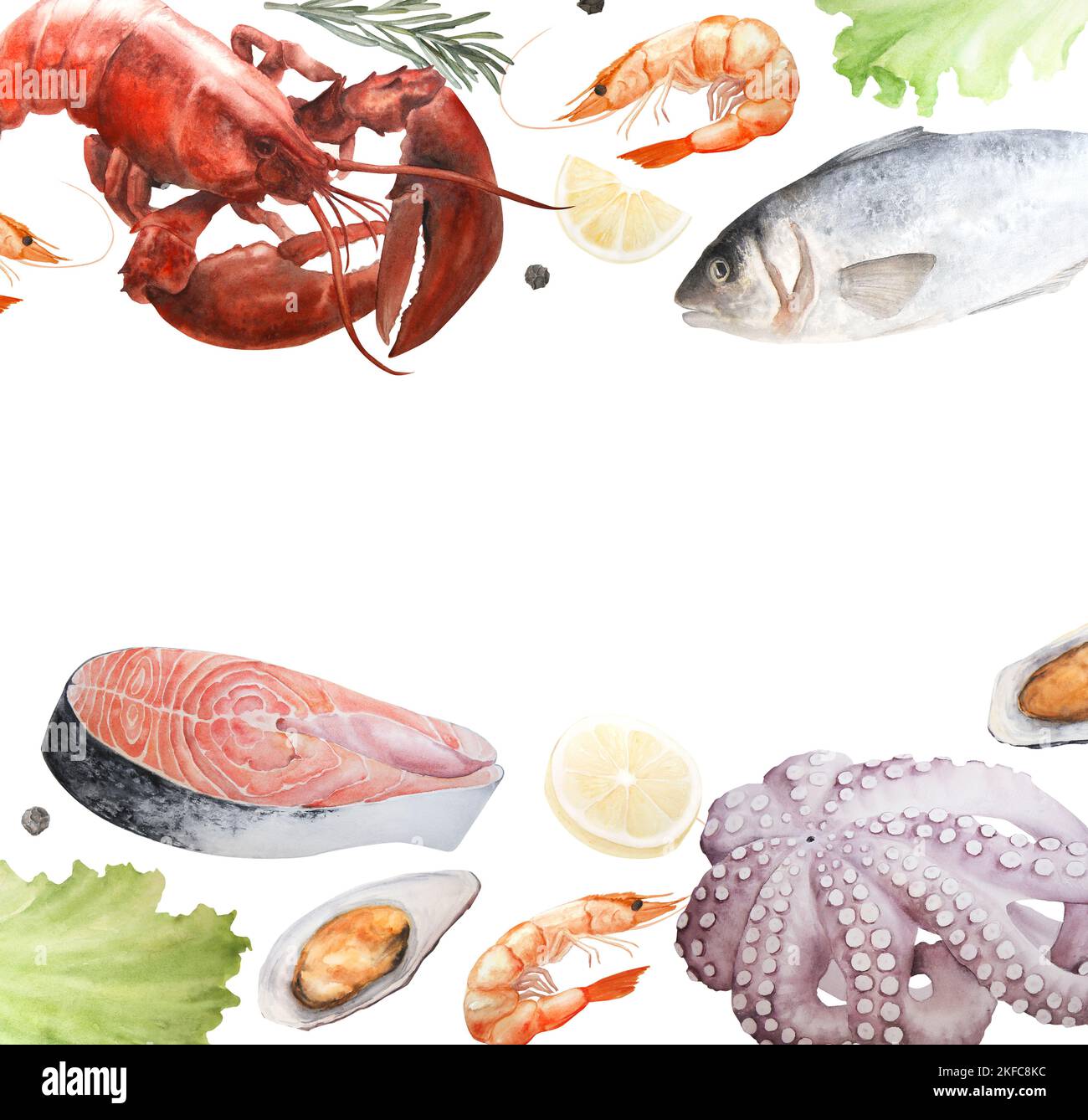 Seafood watercolor illustration, frame on white background Stock Photo ...