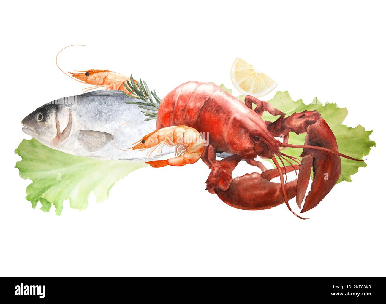 Seafood watercolor illustration, banner isolated on white background ...