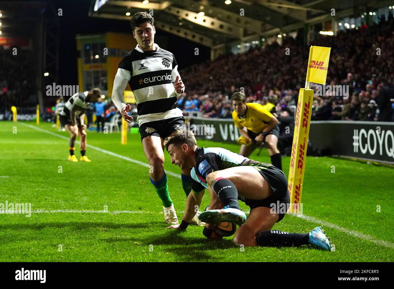 Harlequins' Josh Bassett scores his side's fourth try of the game ...