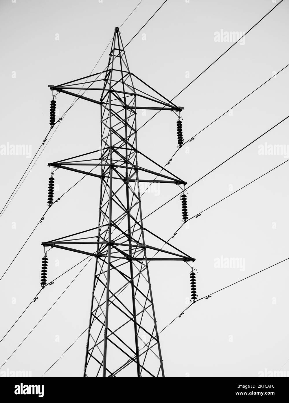 A low-angle, vertical, grayscale of an overhead electric power line in ...