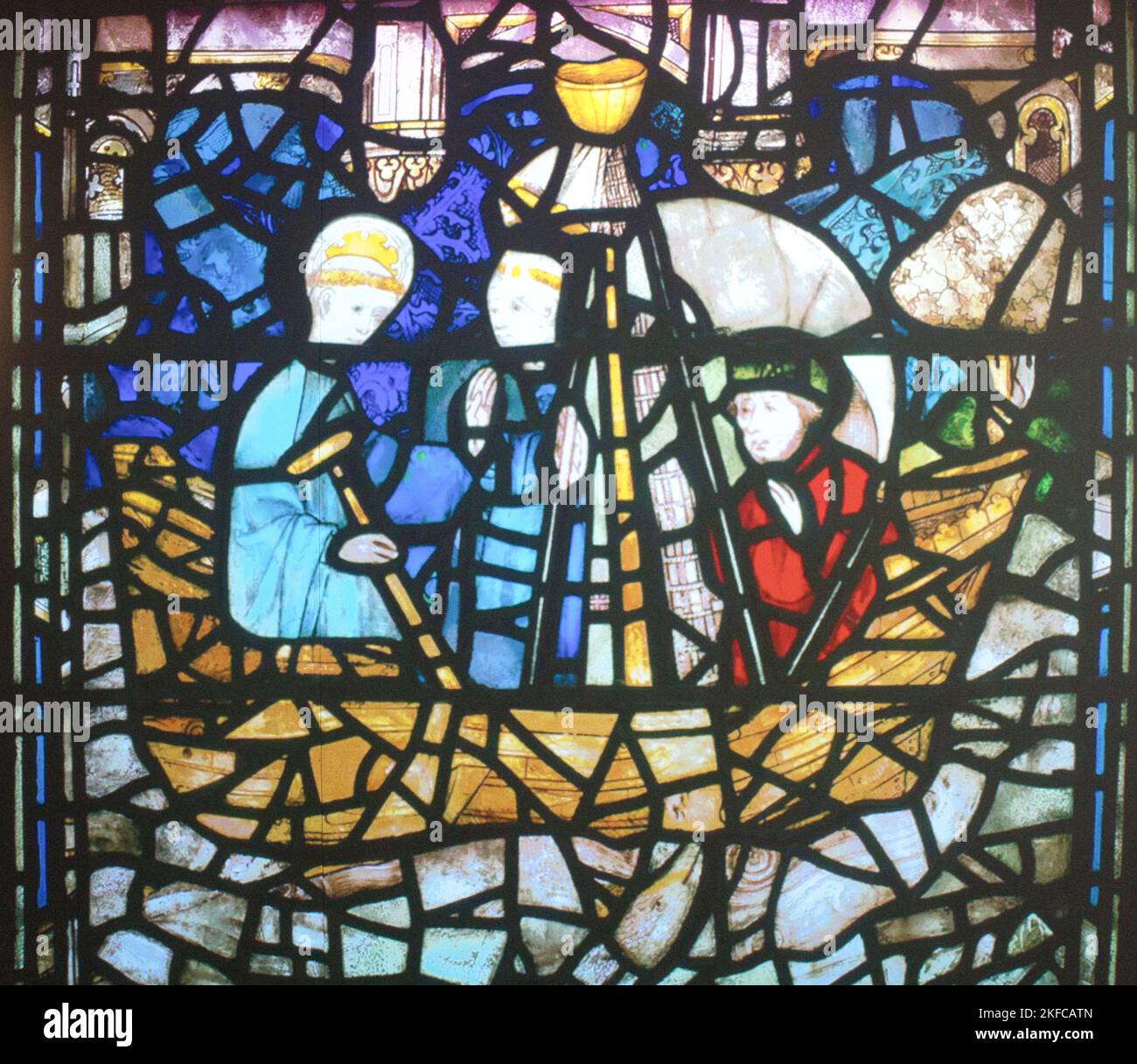 15th Century Stained Glass Panel Featuring Stcuthbert And Monks In A Boat At Sea With Dolphin