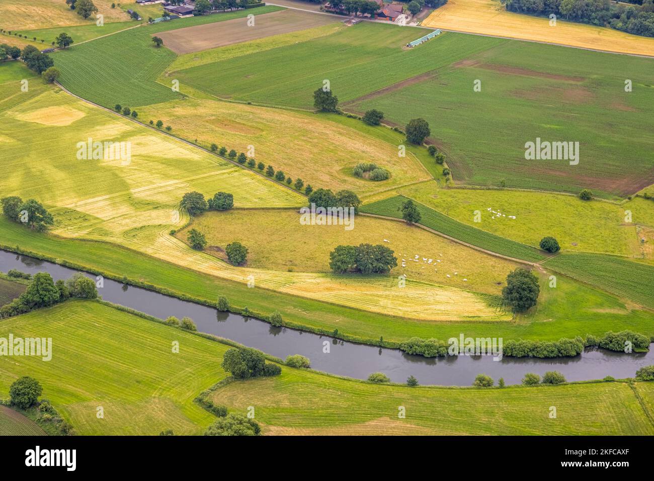 Aerial view, meadows and fields with river Lippe in Hervest, Dorsten ...