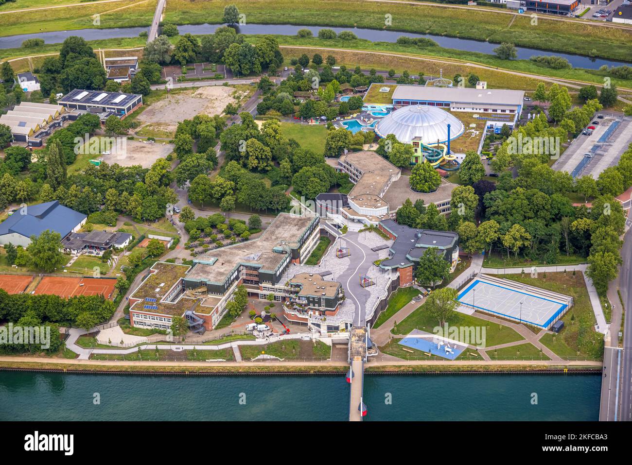 Aerial view, leisure pool Atlantis, Gymnasium Petrinum, VHS and city ...