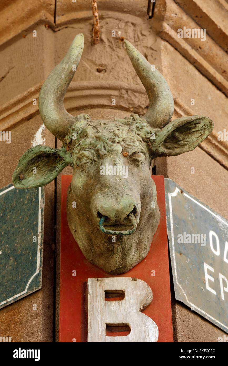 Bull's head sculpture butcher's shop sign, Petra town, Lesbos October ... Bull's head sculpture butcher's shop sign, Petra town, Lesbos October ...