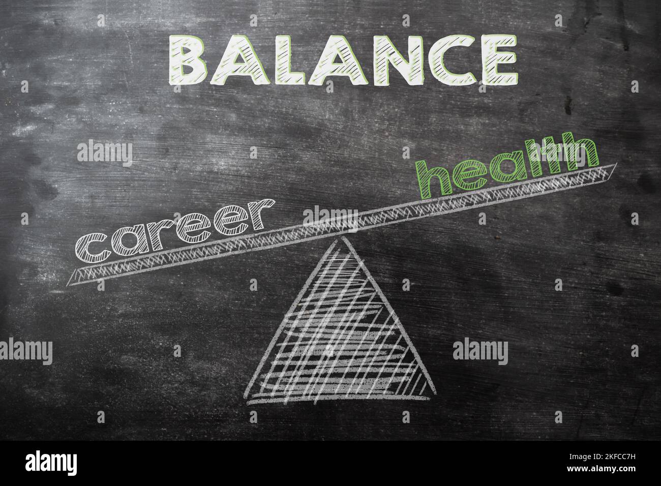 words career and health on a swing drawing on a black chalkboard. The ...