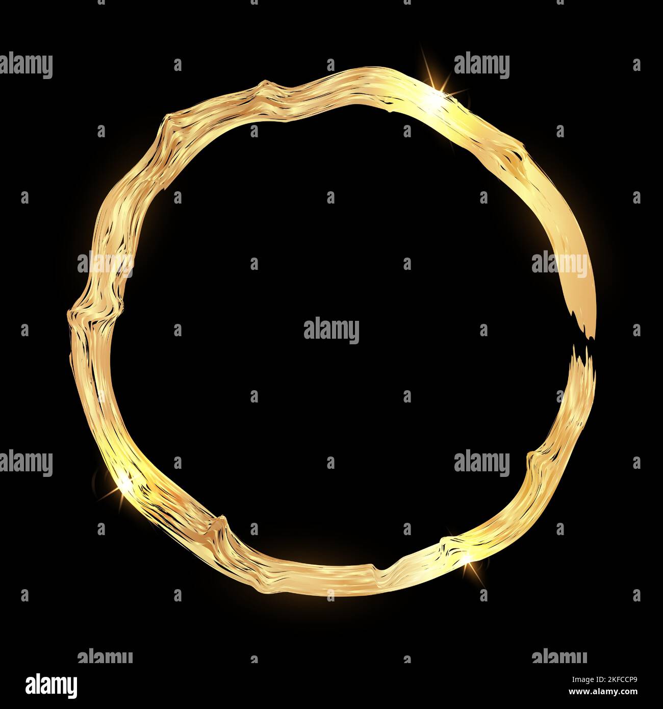 Realistic round frame made of liquid shiny gold on a black background. Golden frame with place ...