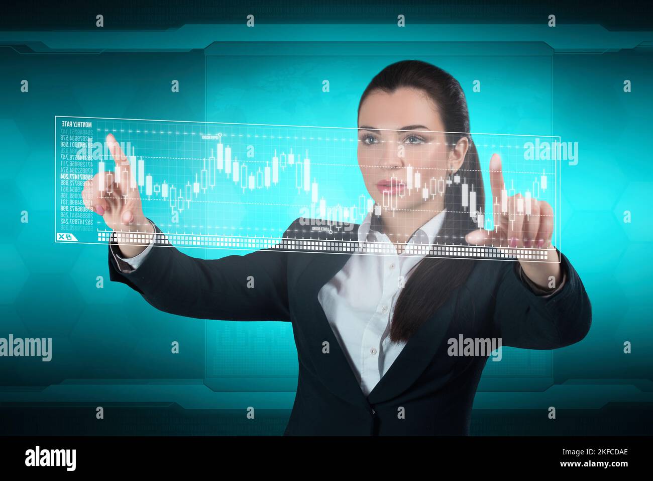 Young business lady works with virtual graphic interface in futuristic ...