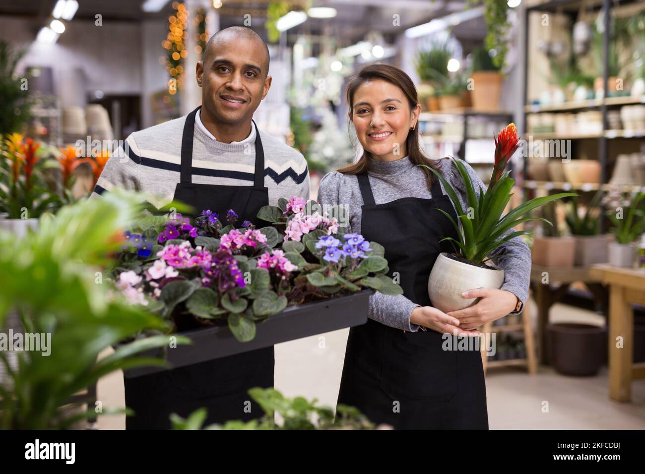 Flower shop workers holding pots of flowers Stock Photo - Alamy