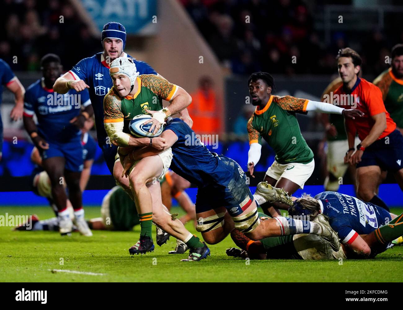 South Africa XV's Henco van Wyk is tackled by Bristol Bears' Fitz ...