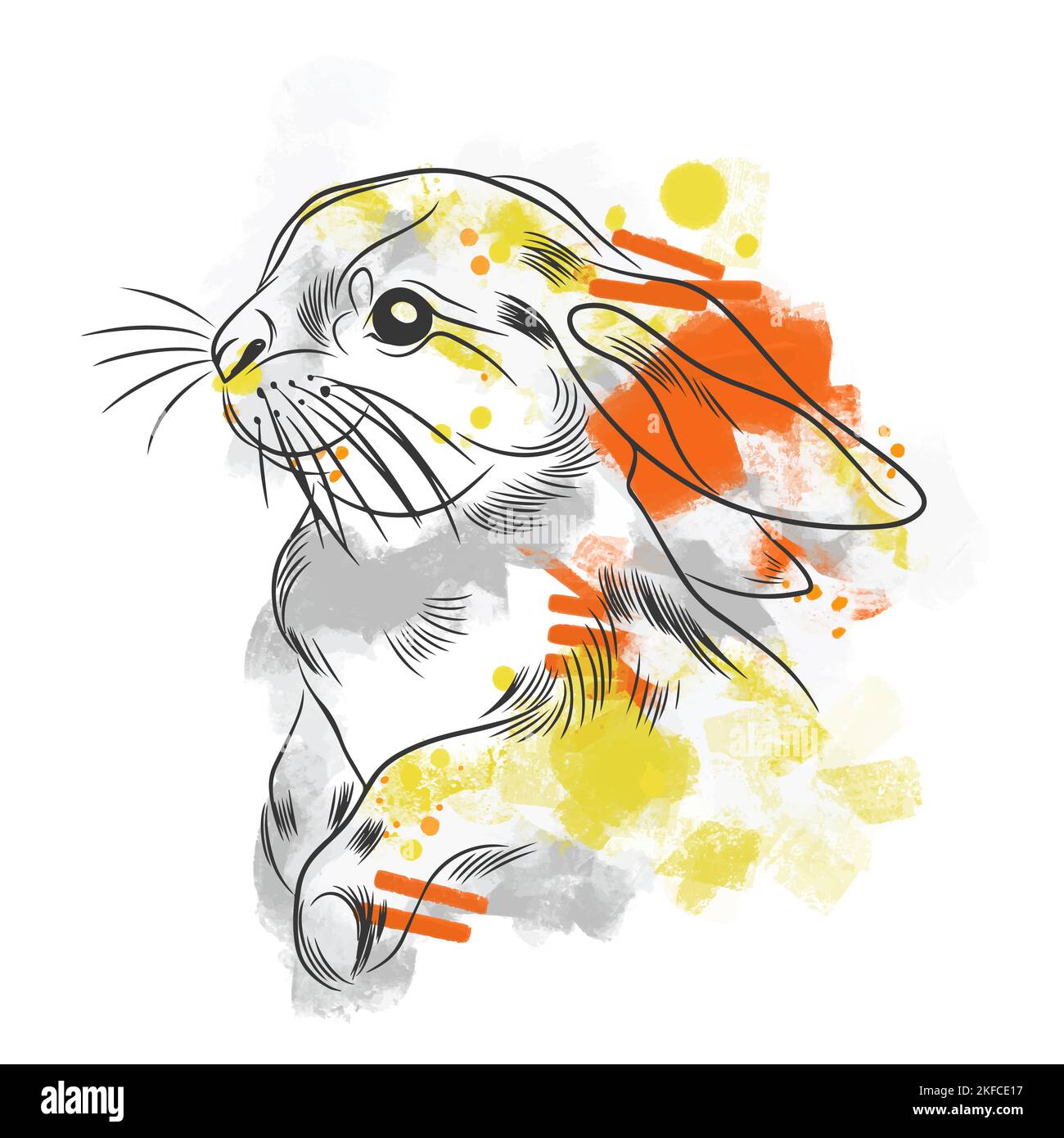 Beautiful illustration of a graphic rabbit on canvas with strokes of ...