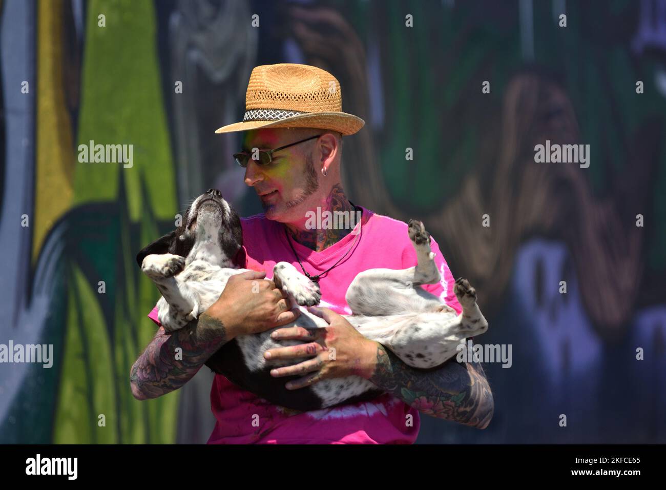 man with Pointer-French-Bulldog-Mongrel Stock Photo - Alamy