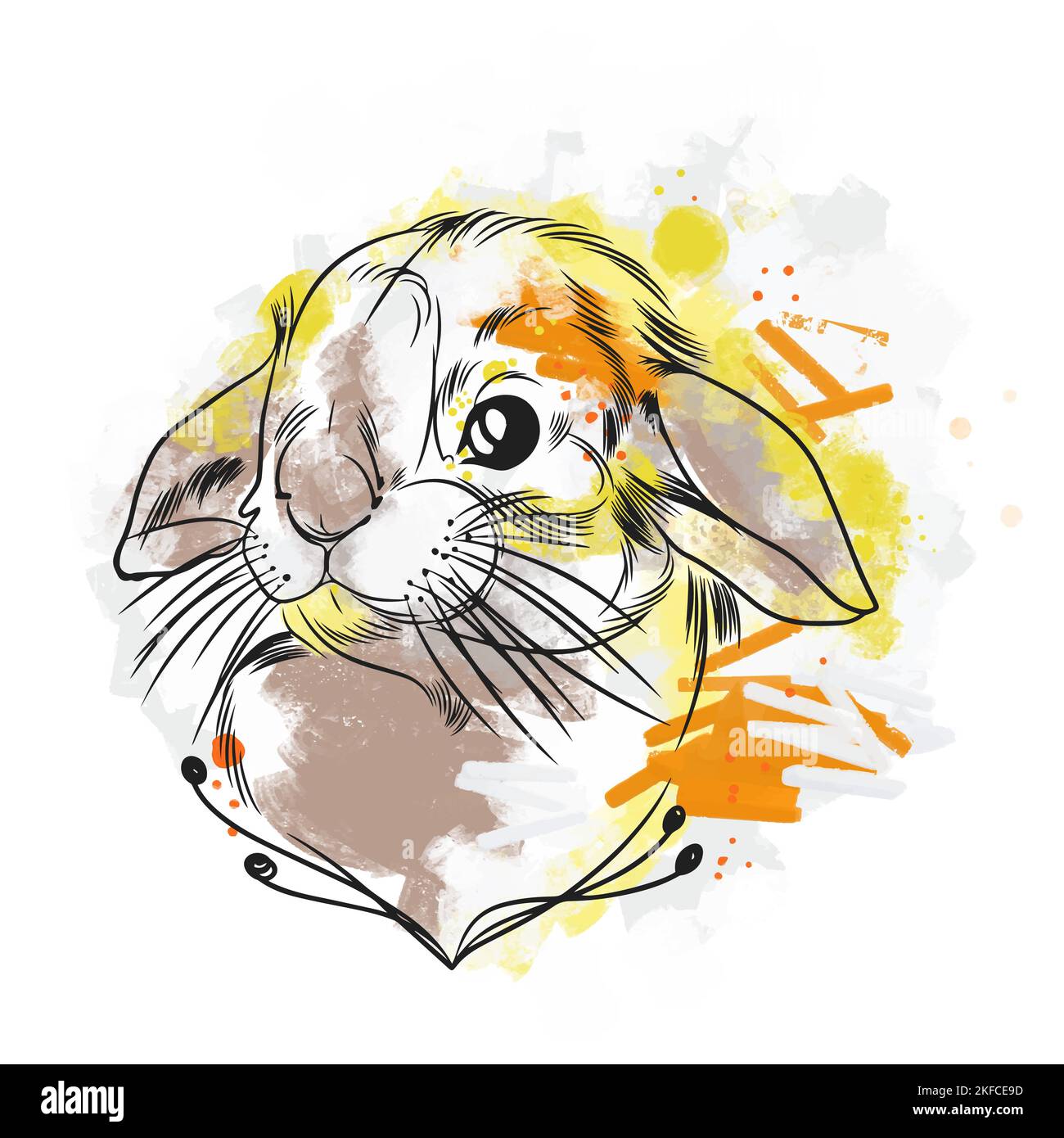 Cute illustration of a graphic bunny in warm colors on canvas with ...