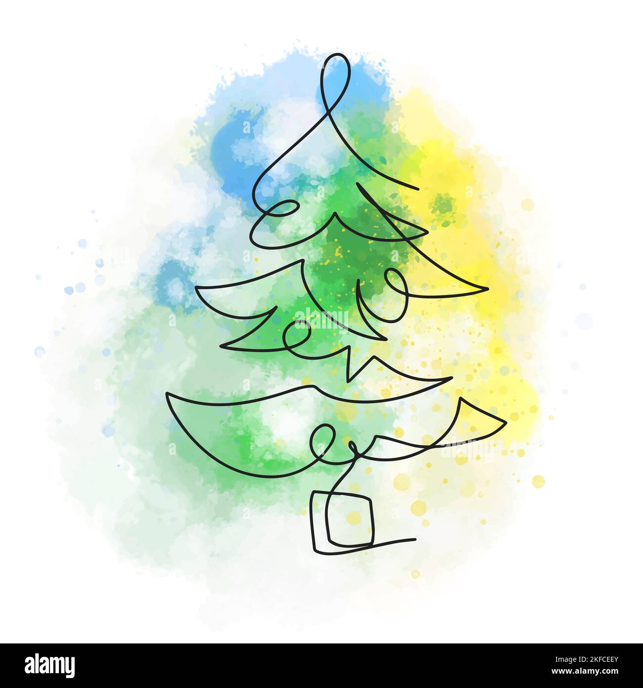 One line illustration, contour Christmas tree on a watercolor ...