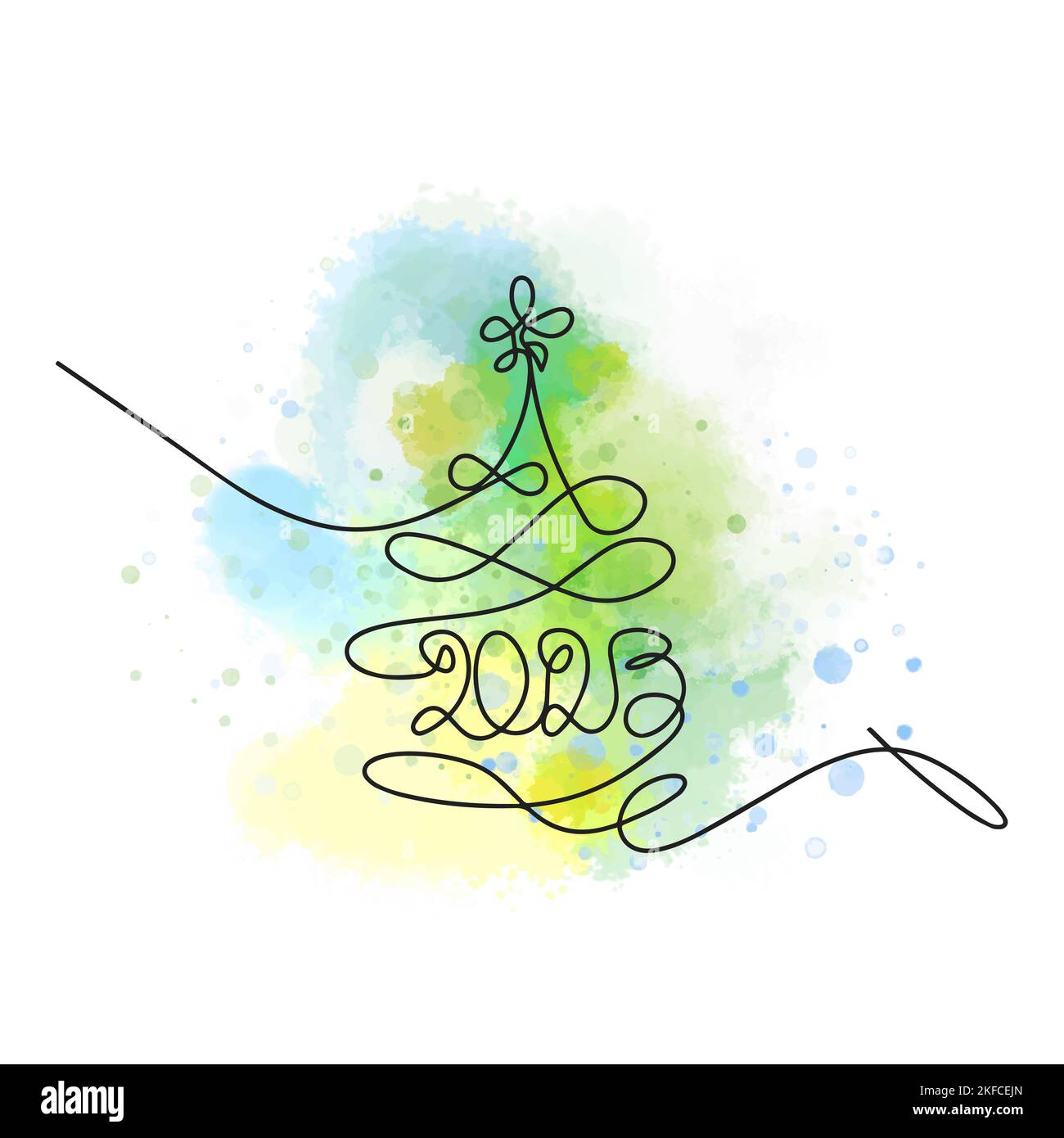 Outline Christmas tree 2023, one line illustration, on a watercolor ...