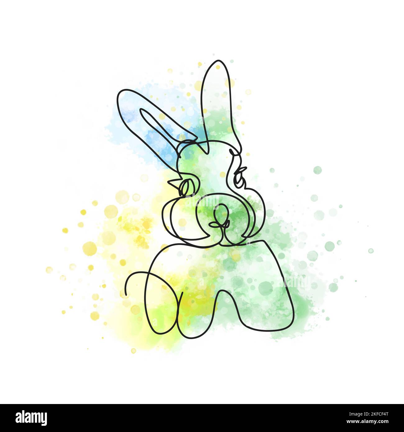 Portrait of a rabbit, one line illustration, on a watercolor background ...