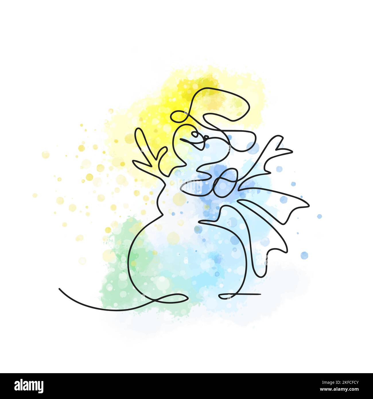 Outline snowman, one line illustration, on a watercolor background with ...