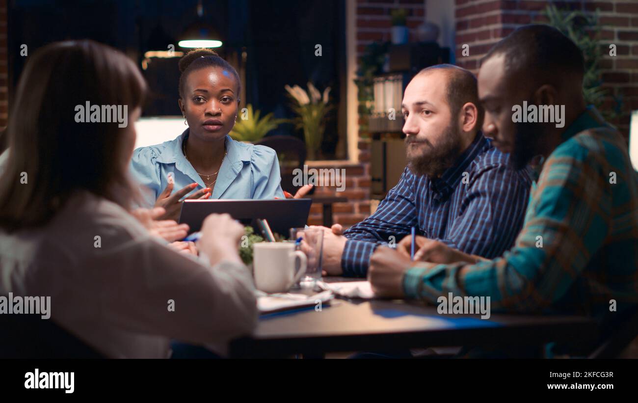Strategic planning business meeting, african american employee speaking ...