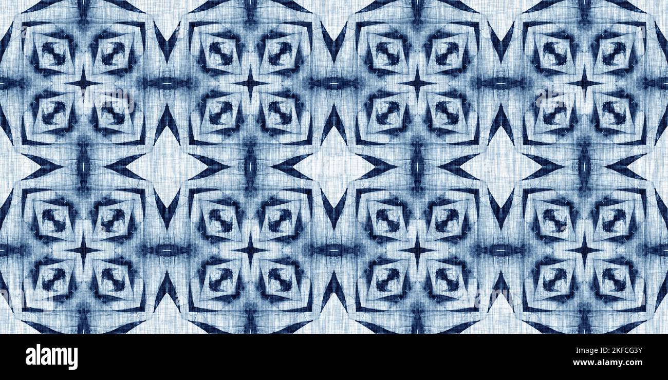 Indigo dye wash coastal damask seamless border pattern. Washed out ...