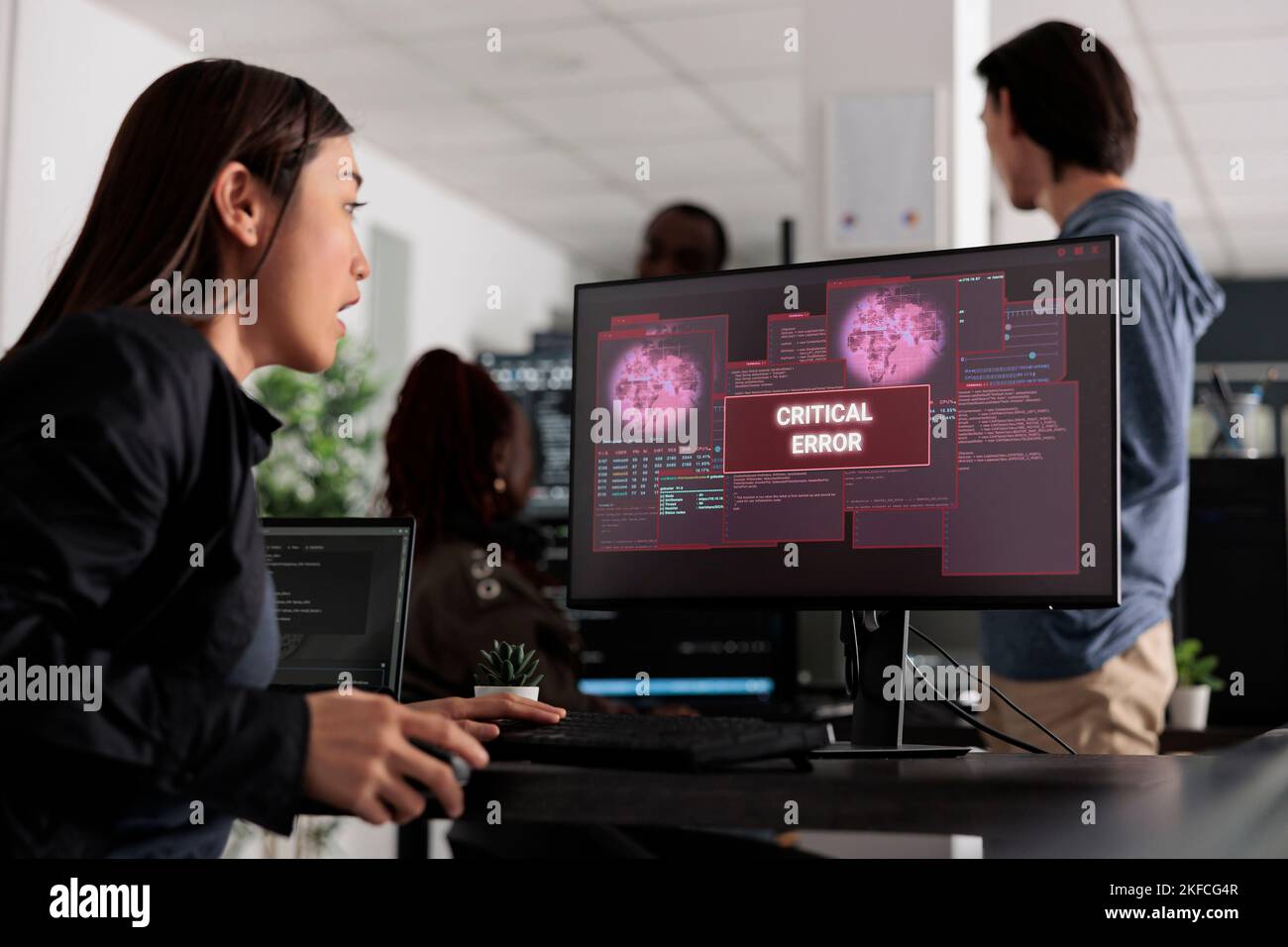 Asian Software Developer Writing Html Code Encountering Hacking Alert On Computer Dealing With