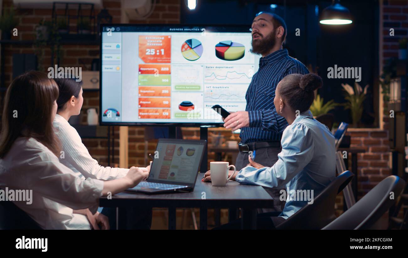 Company executive presenting analytics research in business meeting ...