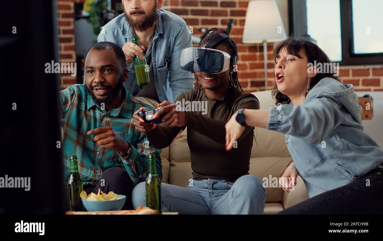 Diverse friends feeling sad about losing video games play with vr ...