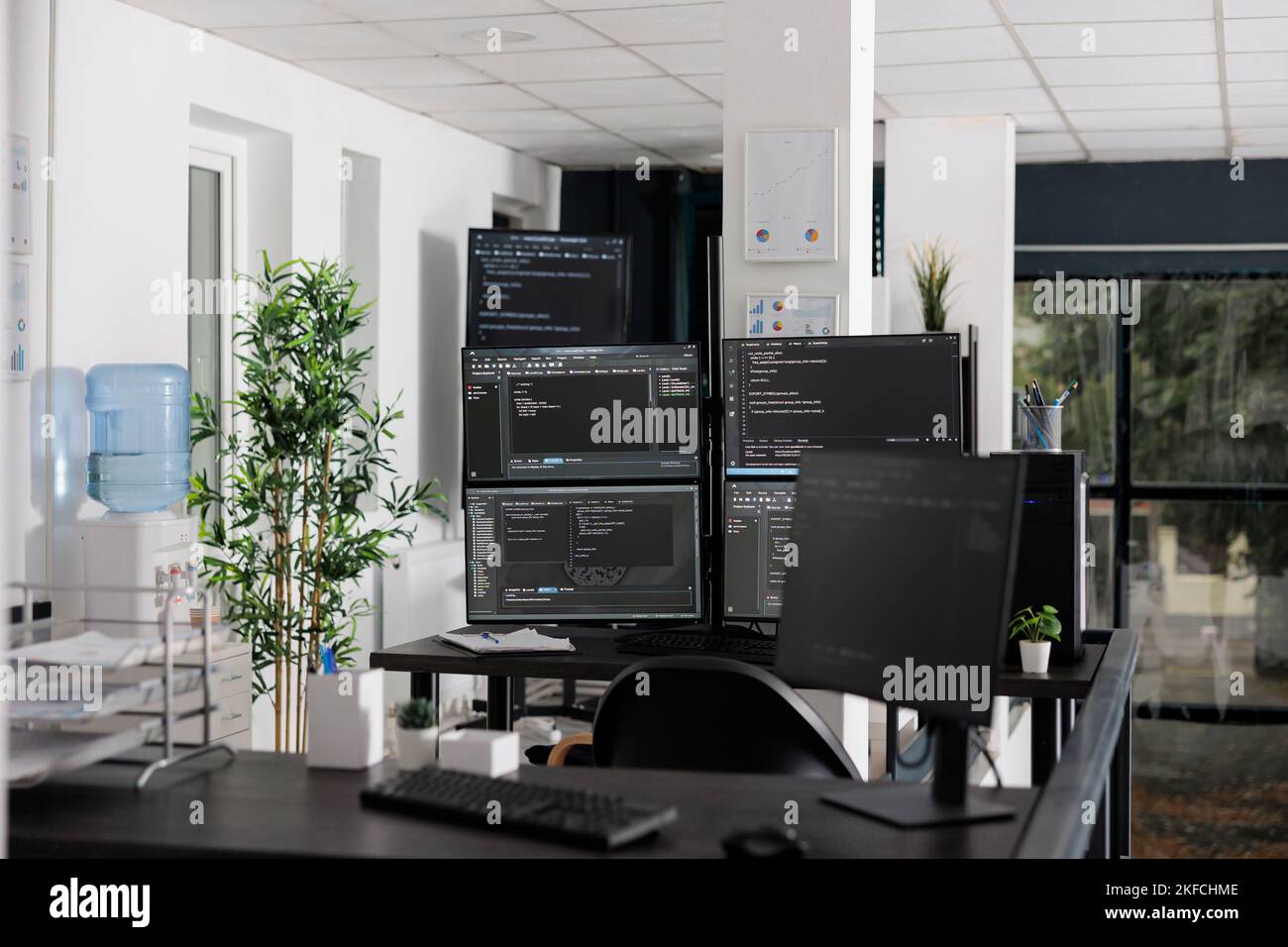 Pc desk with multiple monitors running terminal window and artificial ... Pc desk with multiple monitors running terminal window and artificial ...