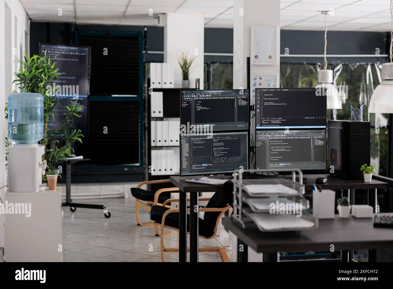 Desk with multiple pc monitors compiling terminal window and artificial ... Desk with multiple pc monitors compiling terminal window and artificial ...