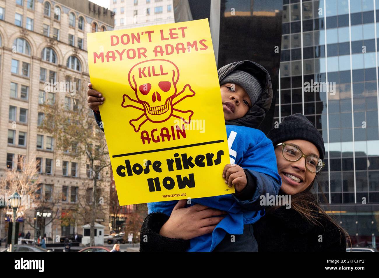 New York, US, 17/11/2022, A young person holding a sign saying "Don't ...