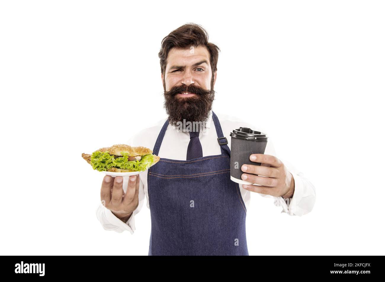 Man bearded waiter giving plate with food and coffee cup. Delicious ...