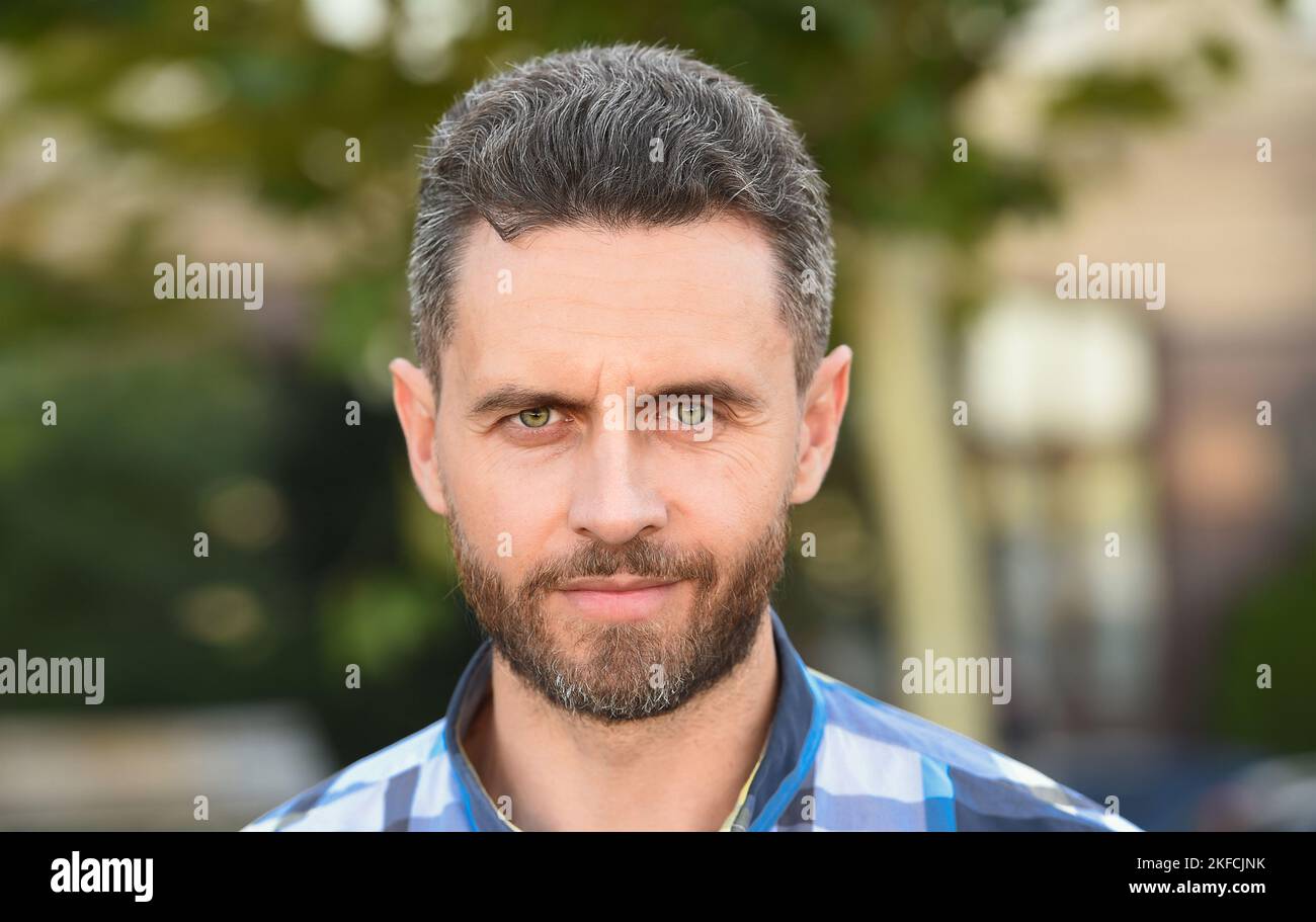 Barber salon. Handsome bearded guy portrait close up. Facial hair and ...