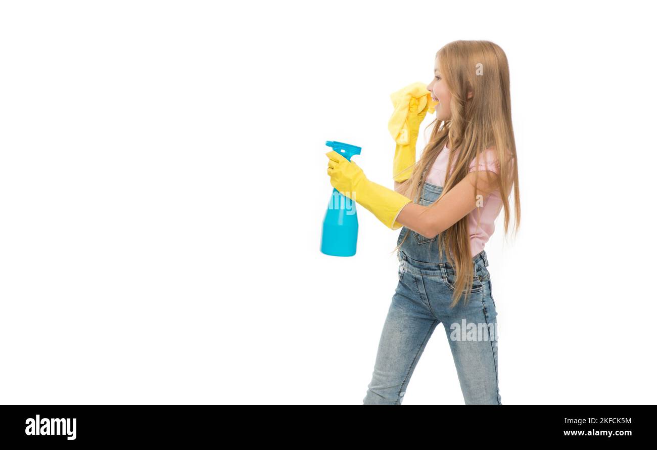 photo of positive cleaner girl with washing gloves. cleaner girl in ...