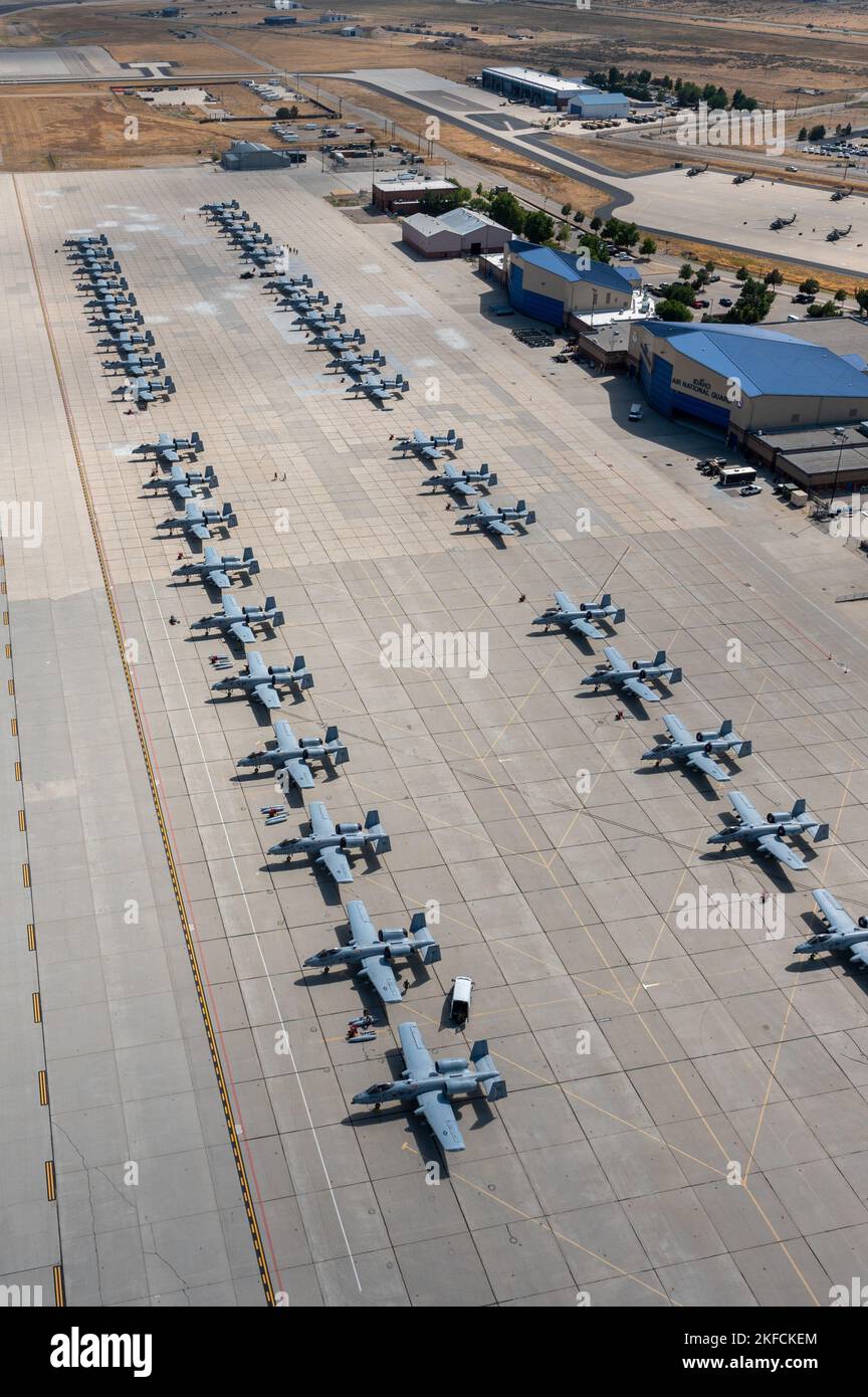 Thirty-seven A-10 Thunderbolt II’s sit on the flightline at Gowen Field ...
