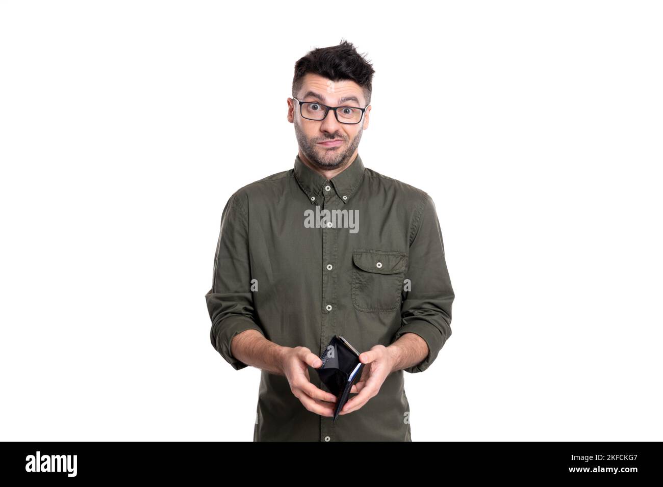 upset poor man with empty wallet isolated on white background. poor man ...