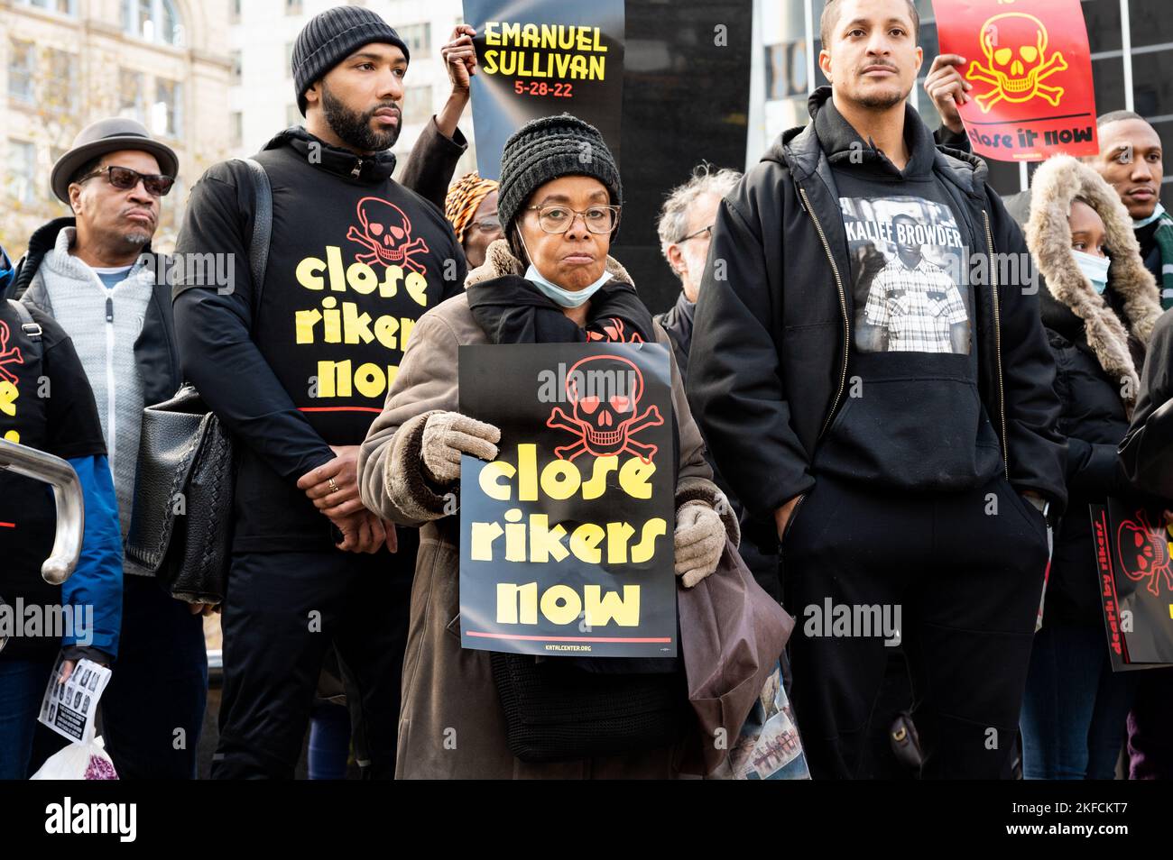 New York, United States. 17th Nov, 2022. People hold placards saying ...