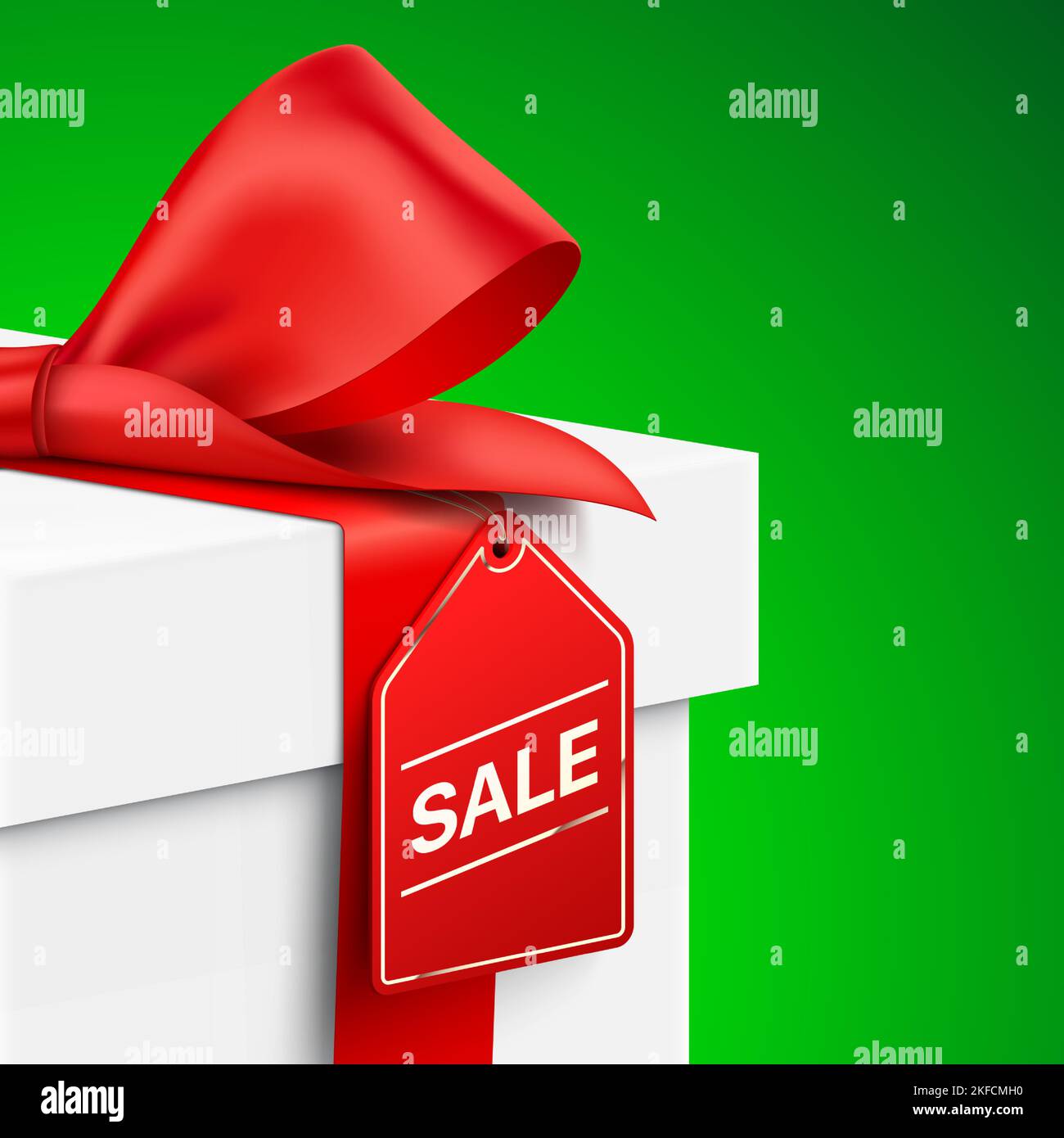 White gift box wrapped with red satin ribbon, and hanging tag with SALE ...