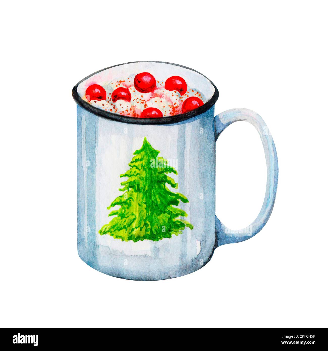 Decorative mug of hot drink with marshmallows and cranberries. Cup with ...
