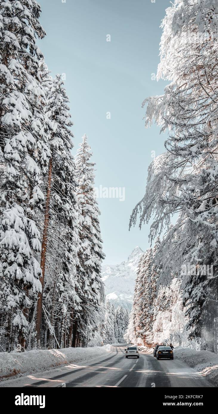 Aerial picture in snow weather, Highway in snow weather. high graphic ...