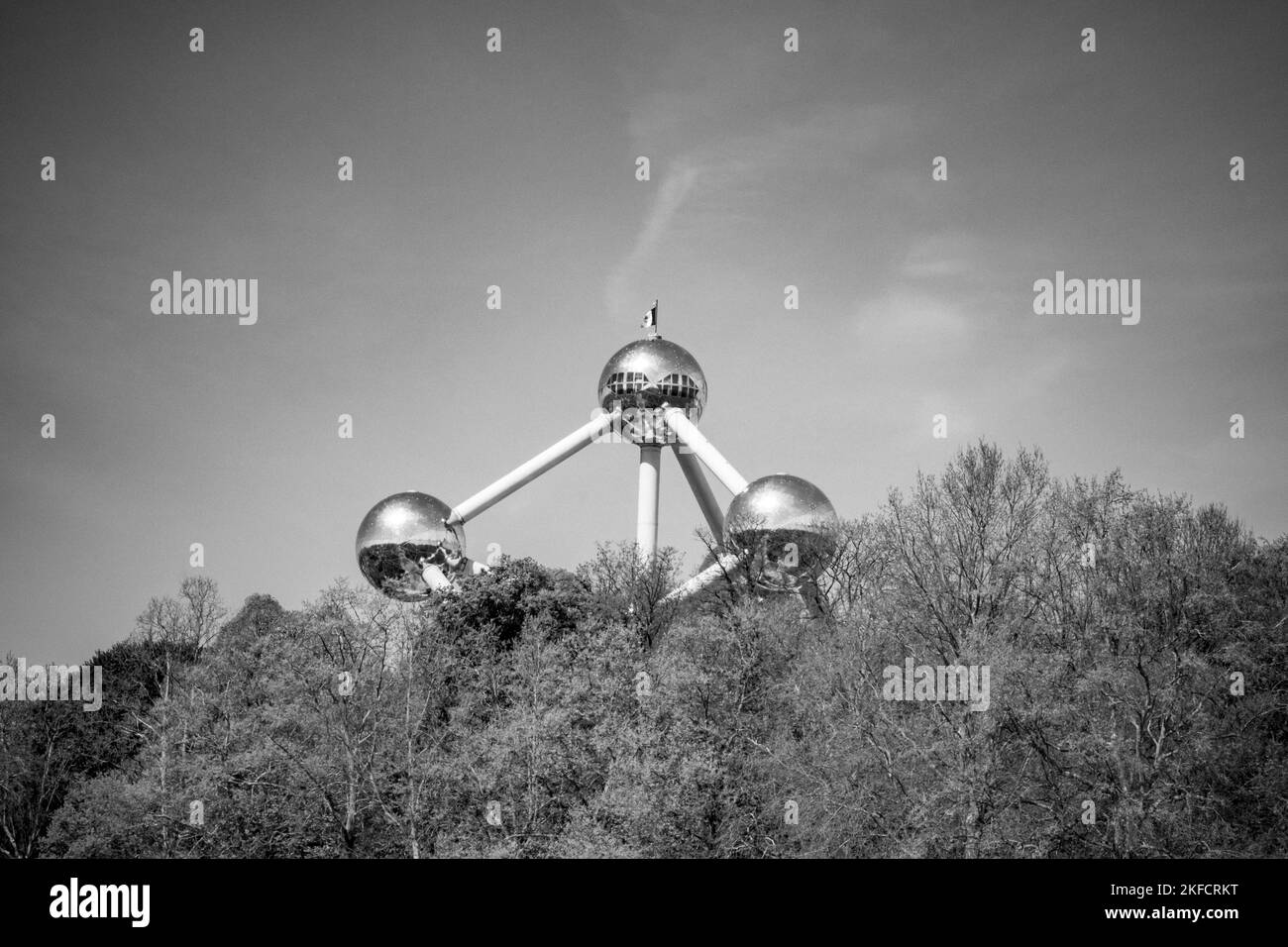 A grayscale of the Atomium, Tourist attraction in the City of Brussels ...