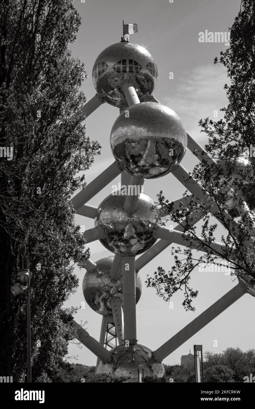 A grayscale of the Atomium, Tourist attraction in the City of Brussels ...