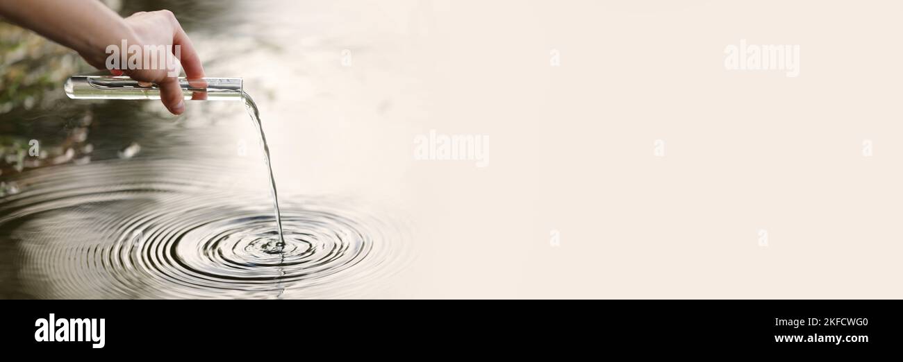 Pond water pollution concept. Scientist biologist and researcher takes ...