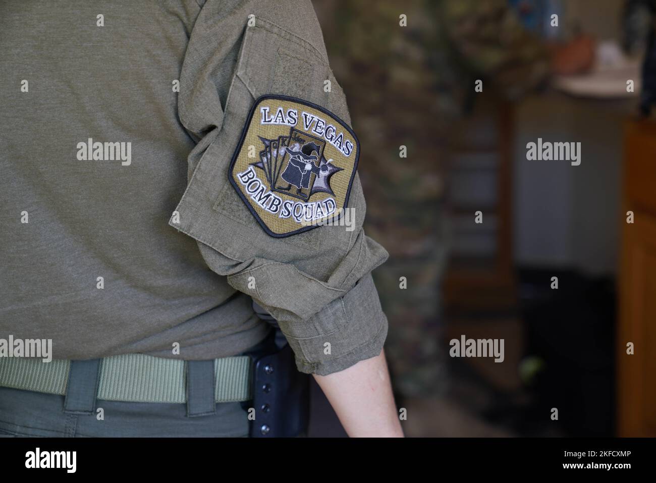 A Las Vegas Bomb Squad member displays his organizational patch at ...