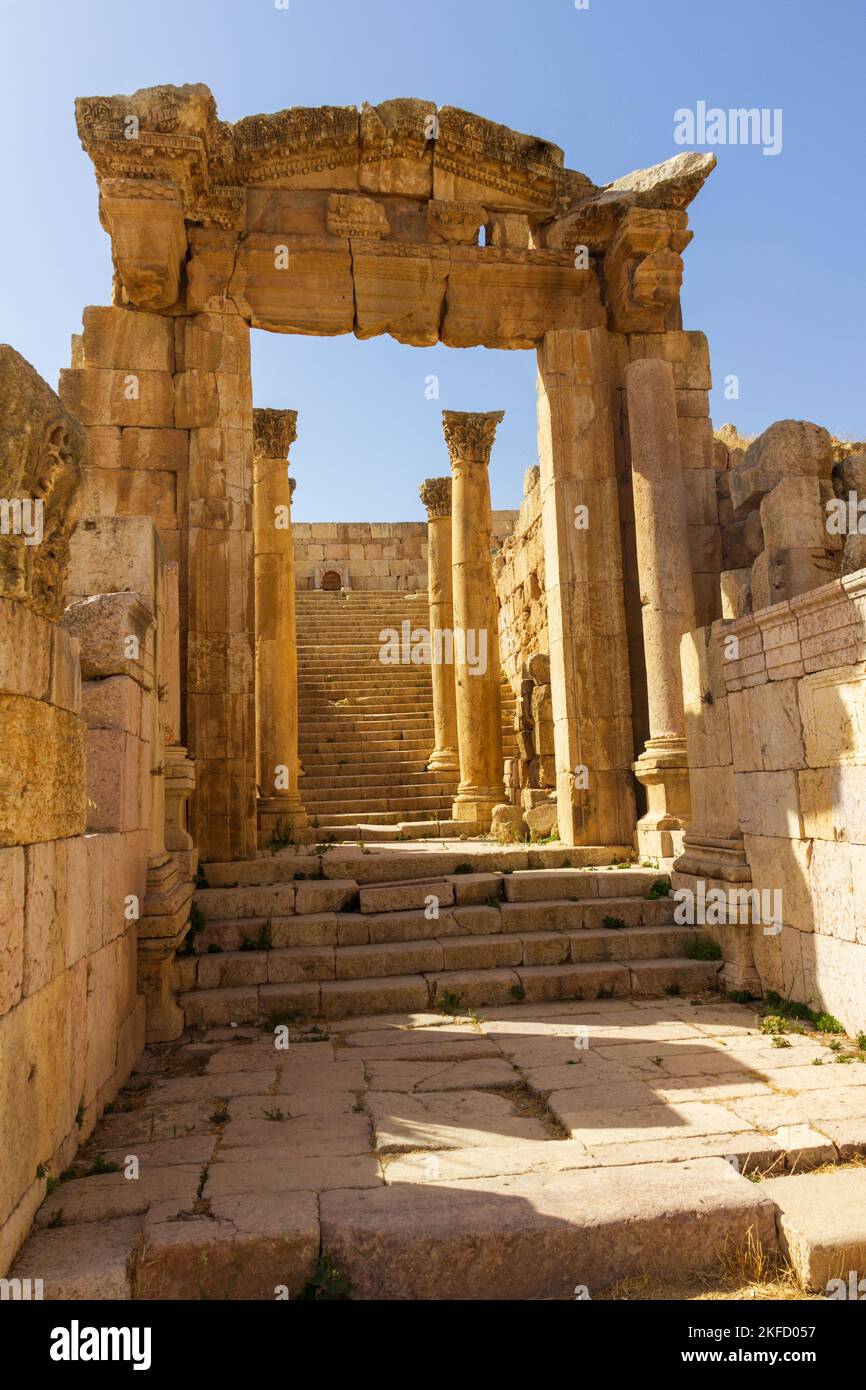 A vertical shot of the ancient Jerash Cathedral Gateway in northern ...